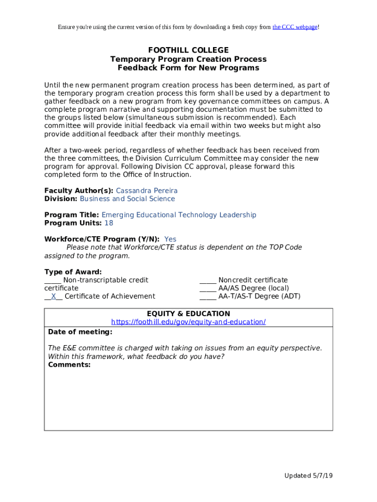 Temporary Program Creation Feedback ... Doc Template | pdfFiller
