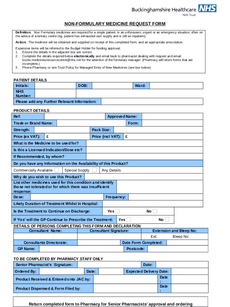 Non-ulary Request - Licensed - bucksulary nhs Doc Template | pdfFiller