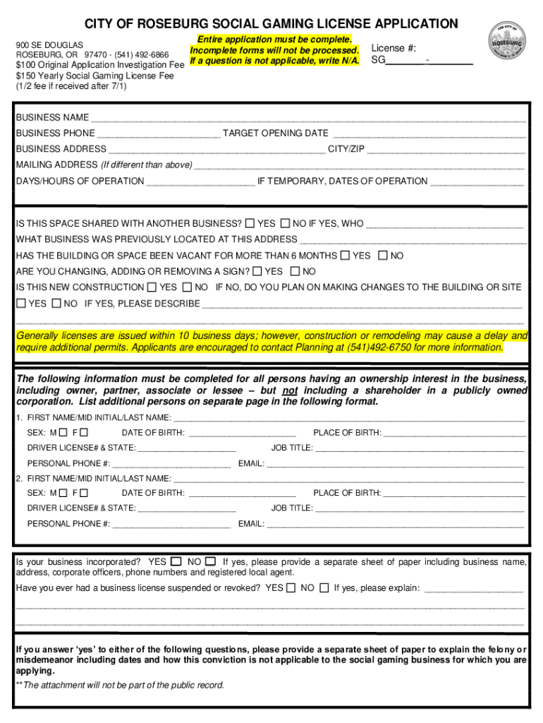 Fillable Online City of Roseburg Social Gaming License Application Fax ...