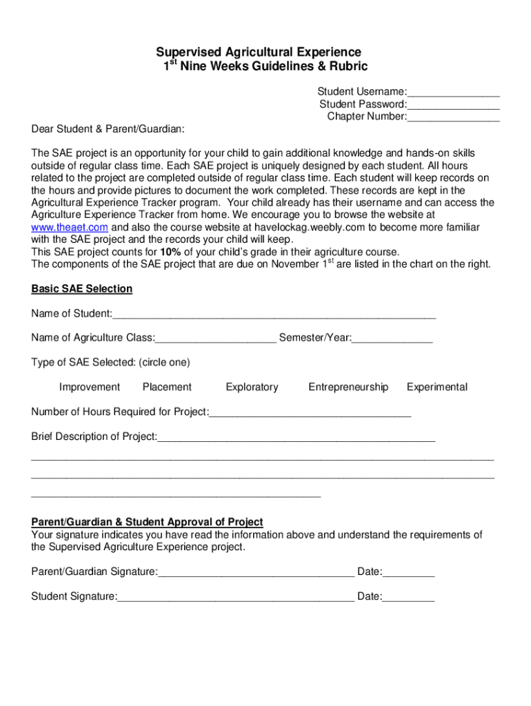 Fillable Online Supervised Agricultural Experience 1 Nine Weeks ...