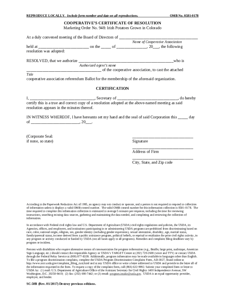 SC-50B (948) Cooperative Certificate of Resolution (CO Potatoes Doc ...