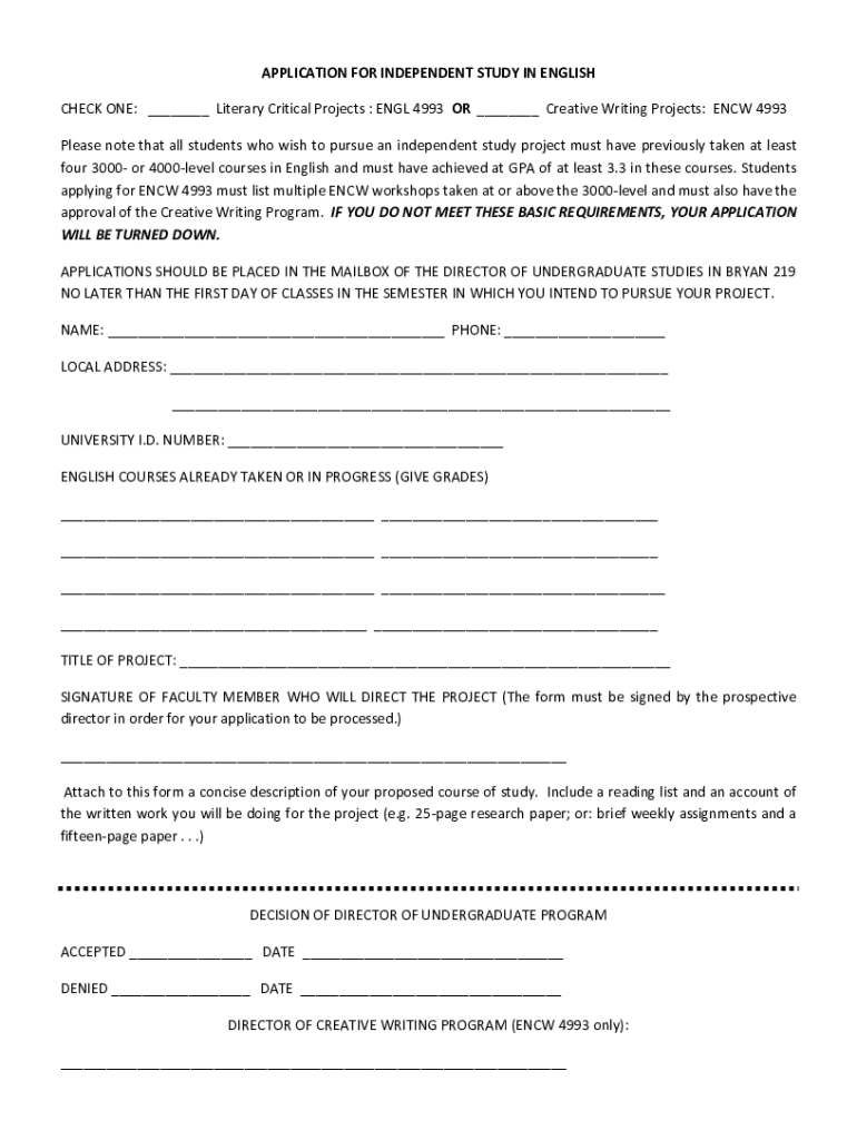 Fillable Online Independent Study in Creative Writing Application Form ...