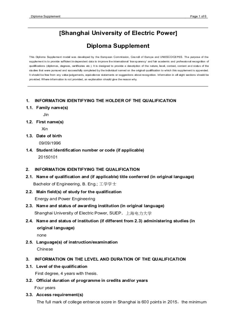 Fillable Online This Diploma Supplement follows the model developed by ...