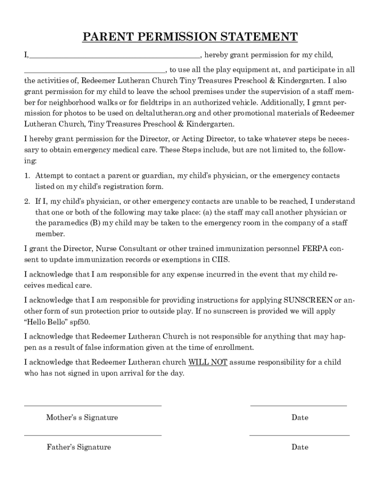 Fillable Online PARENT PERMISSION STATEMENT Fax Email Print - pdfFiller