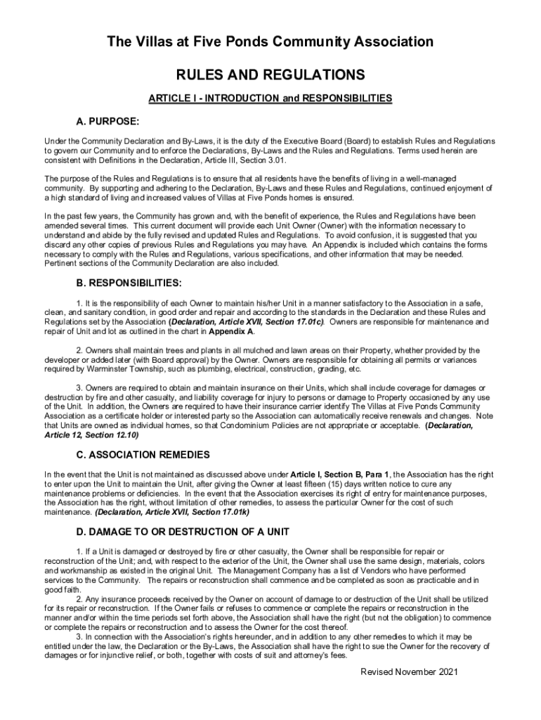 Fillable Online The Villas at Five Ponds Community Association RULES ...