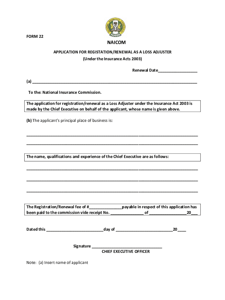 Fillable Online licensing naicom gov LOSS ADJUSTERS FORM 22 Fax Email ...
