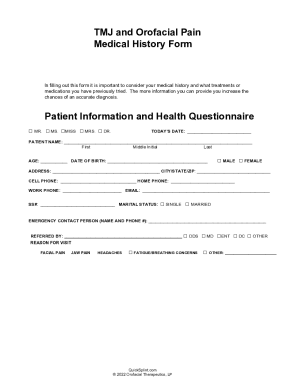 Fillable Online TMJ and Orofacial Pain Medical History Form Fax Email ...