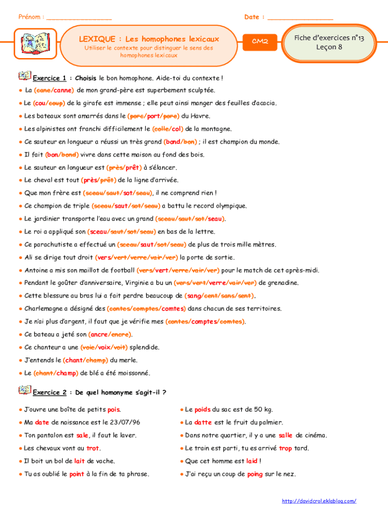 Remplissable En Ligne Fiche 13 Les homophones lexicaux - Correction.pdf ...