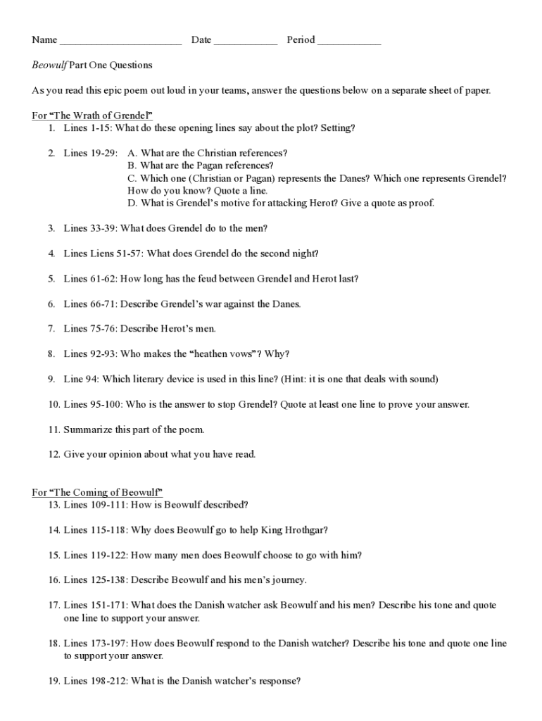 Fillable Online Beowulf Part One Questions As you read this epic poem ...