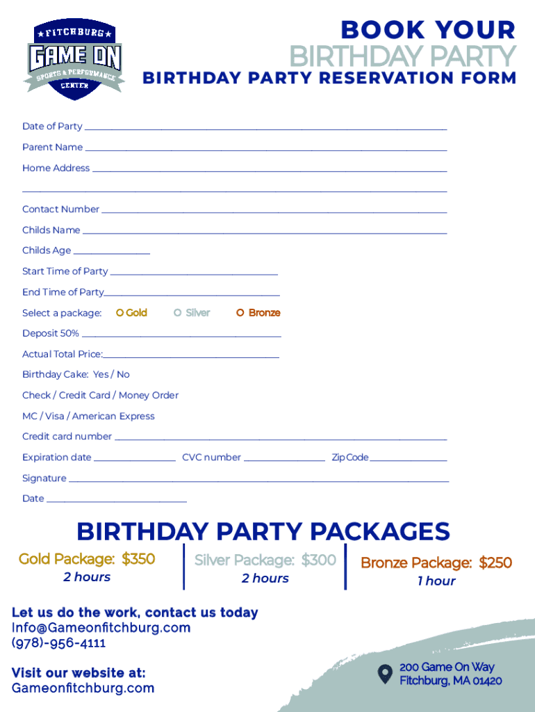Fillable Online Birthday Party Reservation Form (Pricing as of Fax ...