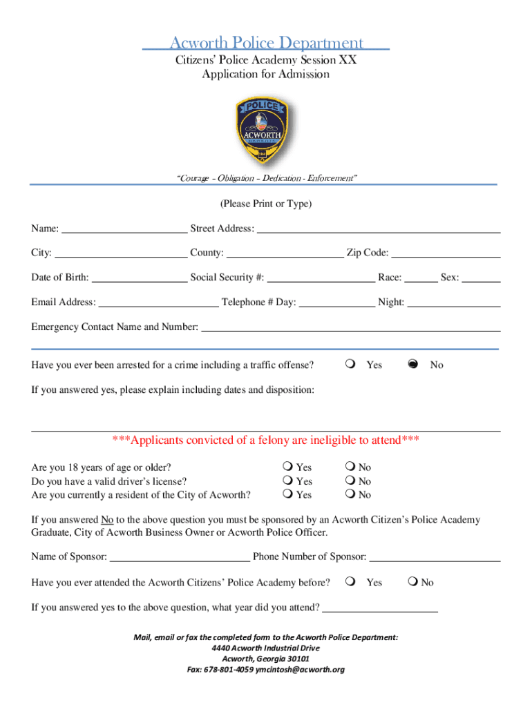 Fillable Online CITIZEN POLICE ACADEMY... - Acworth Police Department ...