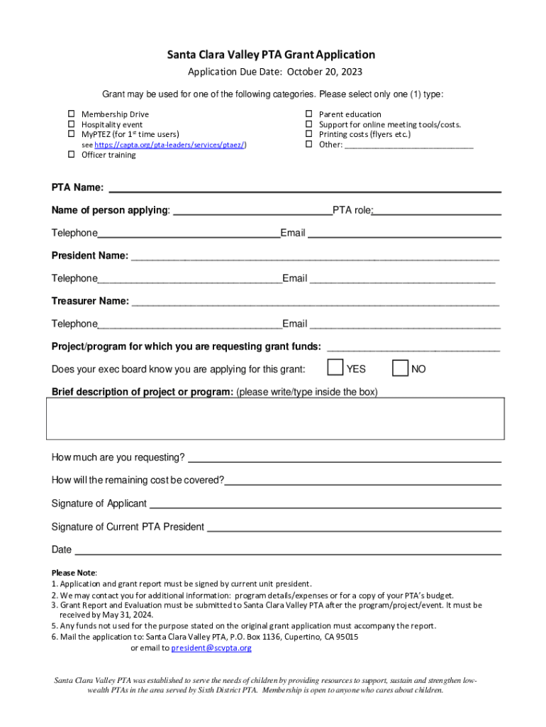 Fillable Online Santa Clara Valley PTA Grant Application Fax Email ...