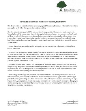 Fillable Online Informed Consent for Technology assisted/teletherapy ...