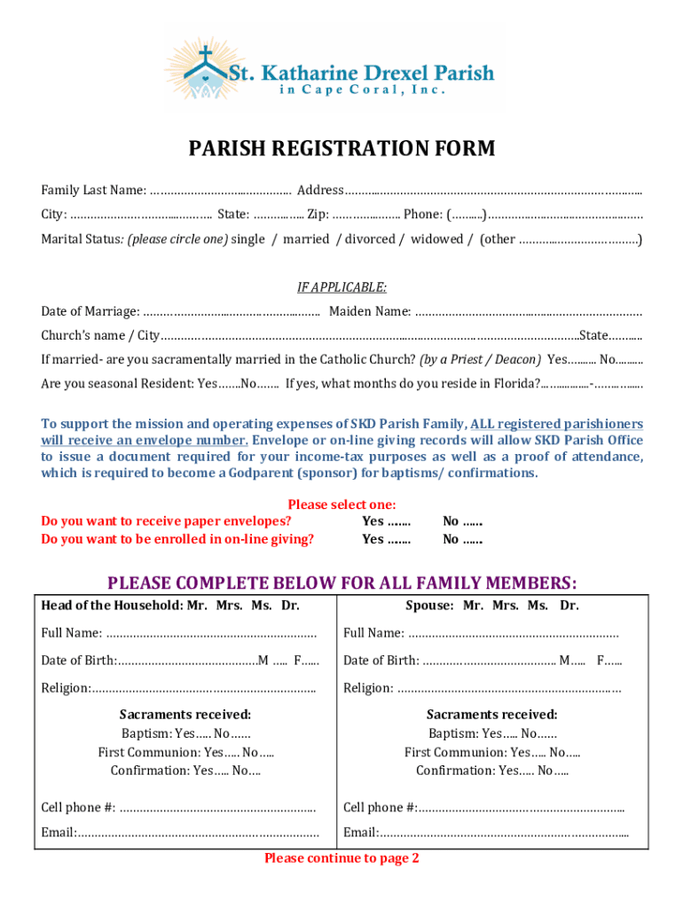 Fillable Online Saints Peter & Paul Church - Parish Registration Form ...