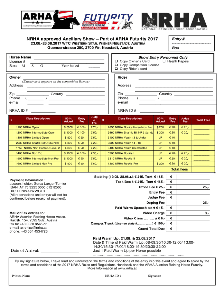 Fillable Online NRHA approved Ancillary Show Part of ARHA Futurity 2017 Fax Email Print - pdfFiller