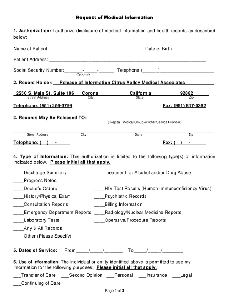 Fillable Online Request of Medical Information 1. Authorization Fax ...