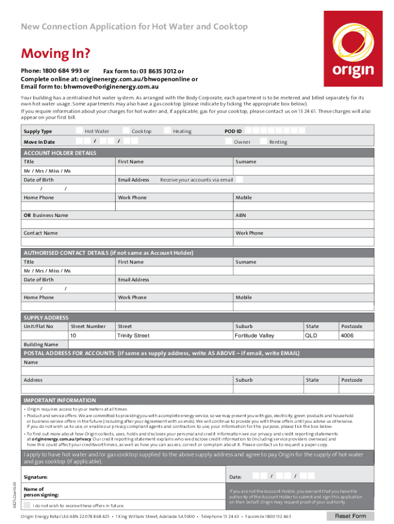 Fillable Online Application for a centralised hot water account Fax ...