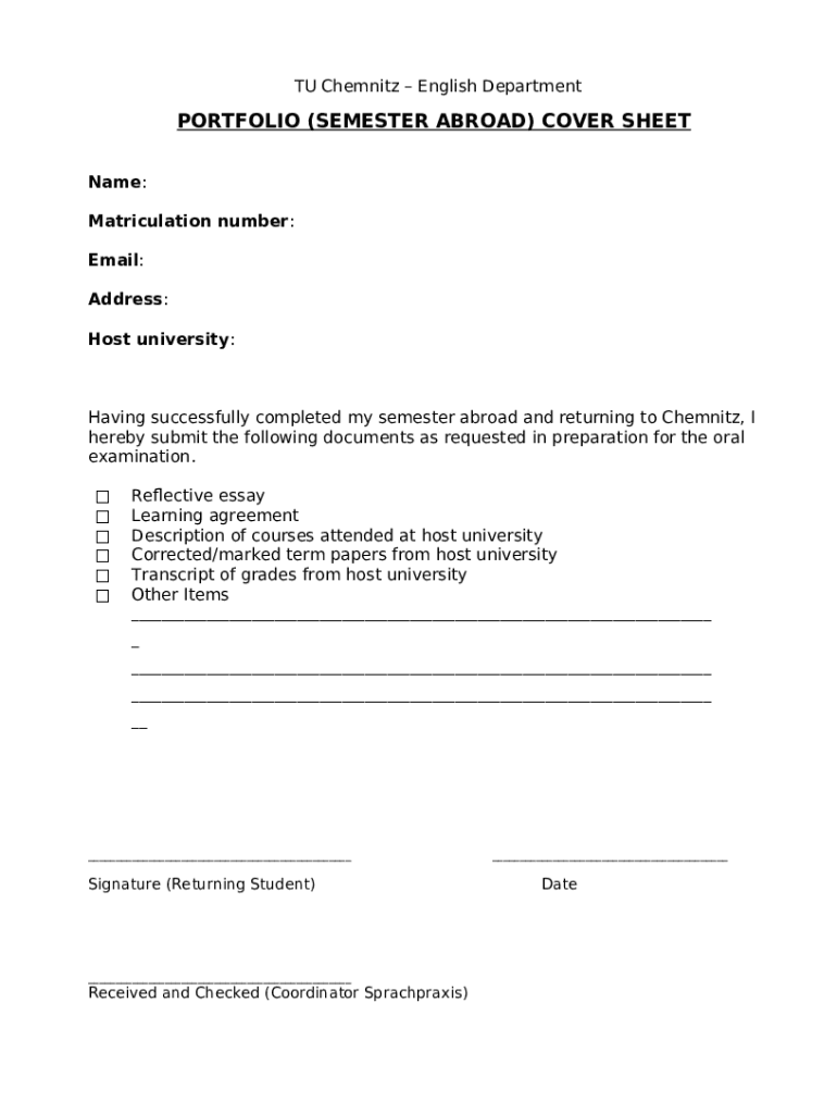 Portfolio (semester abroad) COVER SHEET Doc Template | pdfFiller