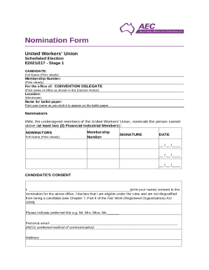 Nomination United Workers' Union Doc Template | pdfFiller