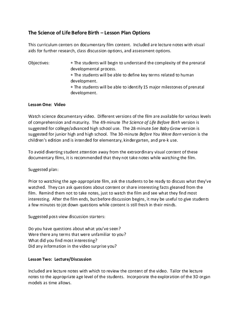 Fillable Online The Science of Life Before BirthLesson Plan Options Fax ...