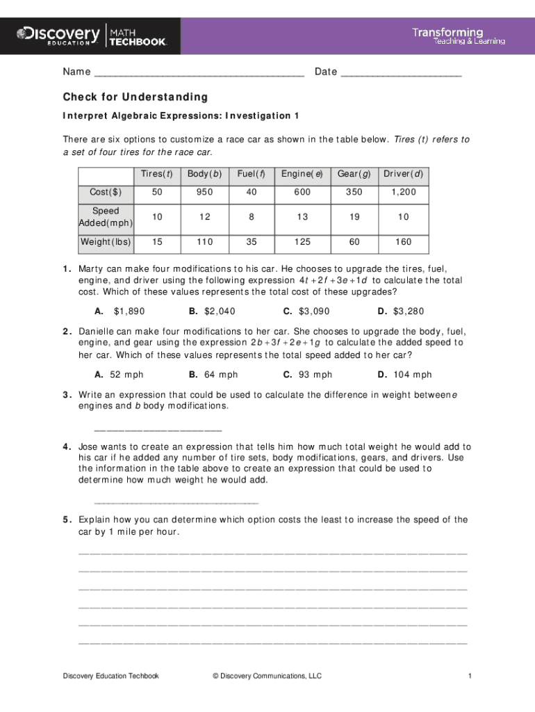 Fillable Online Interpret Algebraic Expressions: Investigation 1 Fax ...