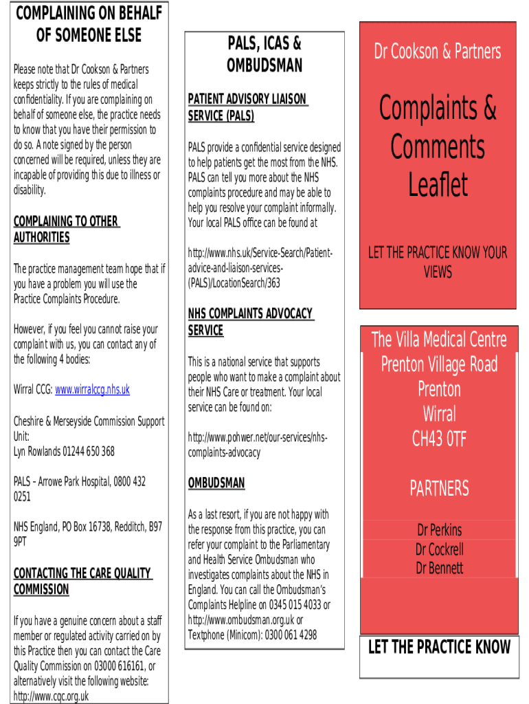 PALS: Patient Advice and Liaison Service Doc Template | pdfFiller