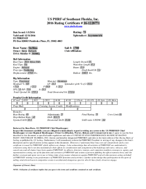 Fillable Online off soundings club 2016 phrf certificate date issued 4 ...