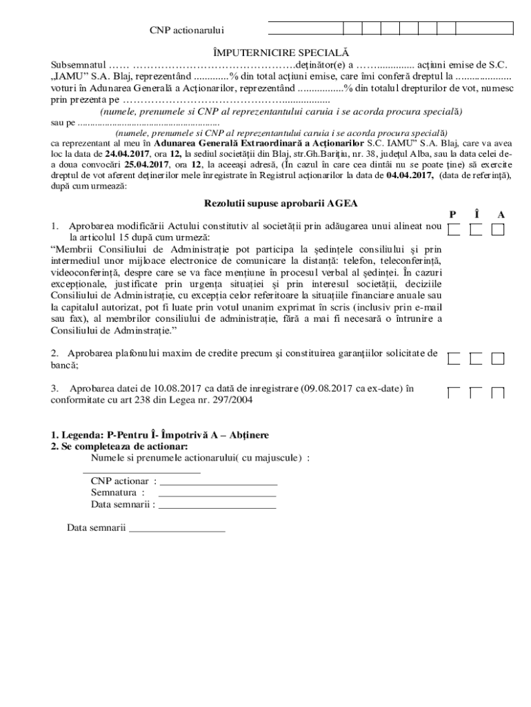 Fillable Online imputernicire special - CNP/CUI al acionarului Fax ...