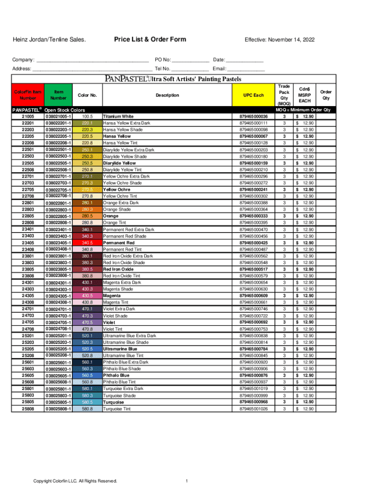 Fillable Online Ultra Soft Artists' Painting Pastels Price List & Order ...