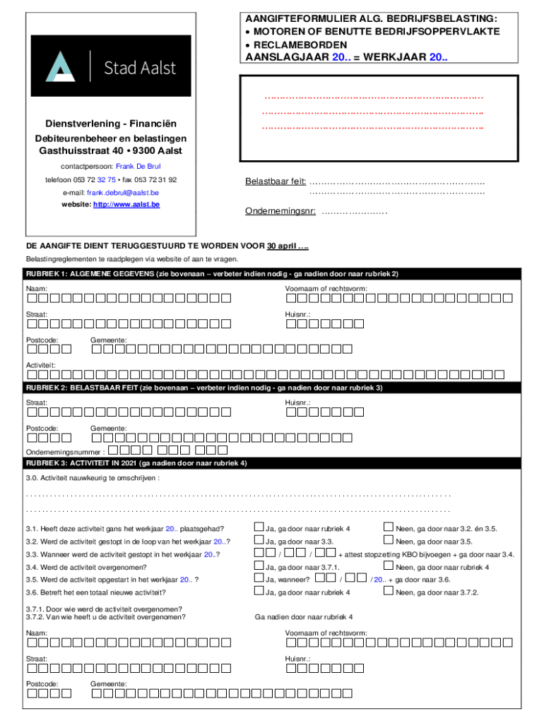 Invulbaar Online AANGIFTEFORMULIER ALG Faxnummer Email Afdrukken ...