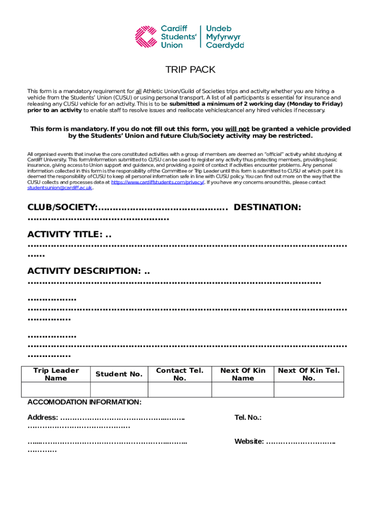 Trip Template (For day trips only) Doc Template | pdfFiller