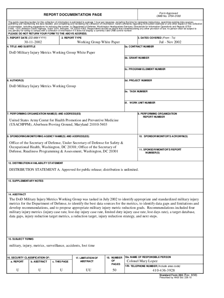 Fillable Online DoD Military Injury Metrics Working Group White Paper ... Fillable Online DoD Military Injury Metrics Working Group White Paper ...