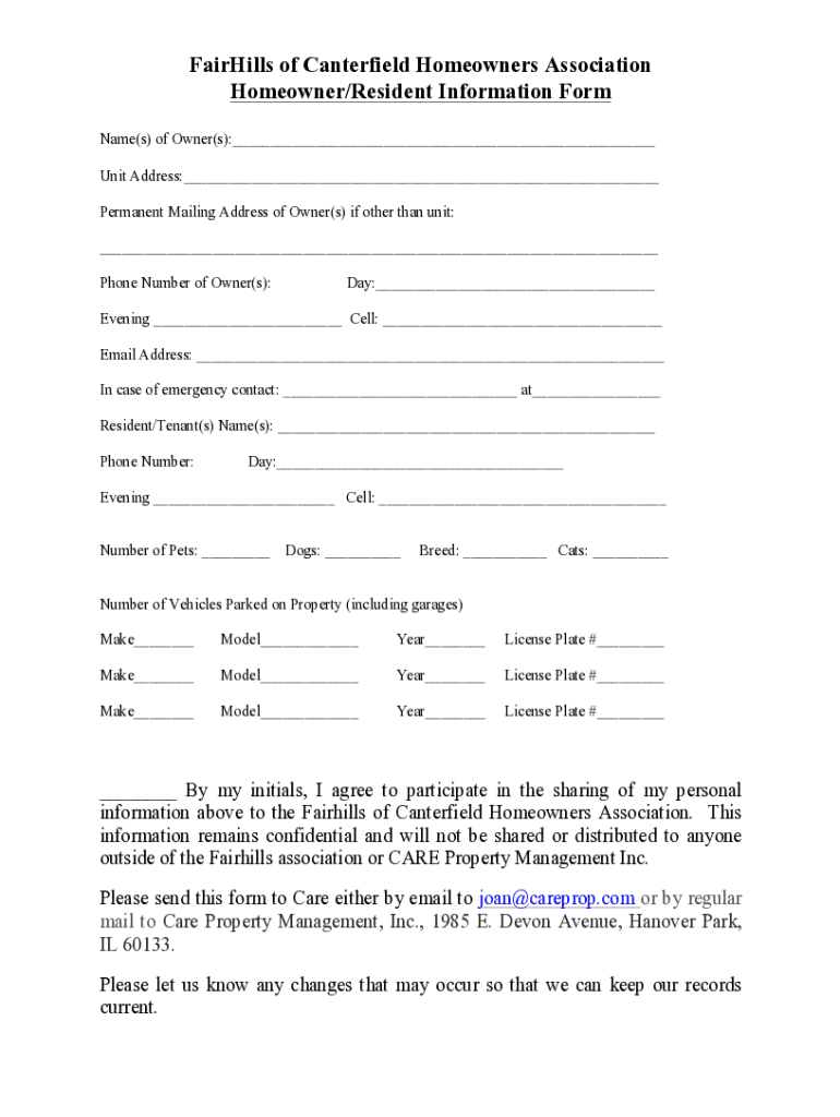 Fillable Online Homeowner Information Form (updated to send to Care) 11 ...