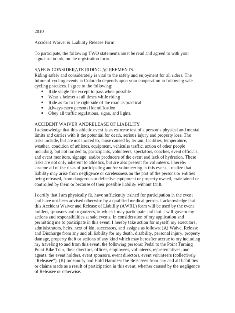 Accident Waiver & Liability Release Doc Template | pdfFiller