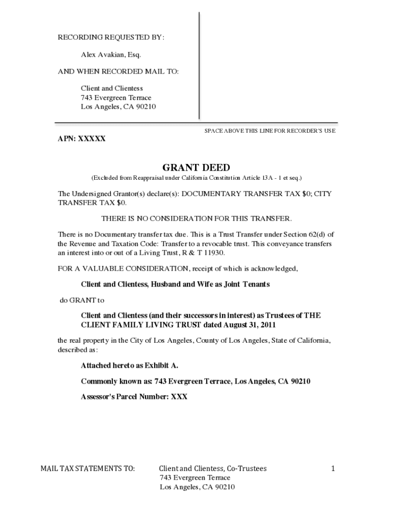 Fillable Online Sample Grant Deed Transfering Property Into Living ...