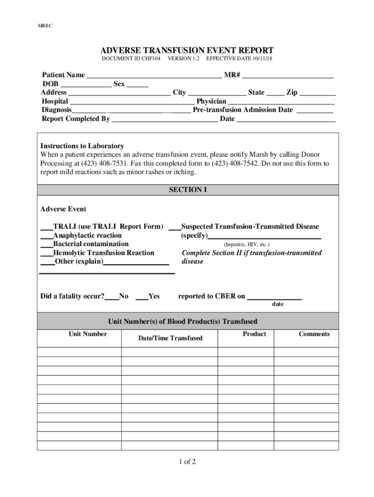 Fillable Online ADVERSE TRANSFUSION EVENT REPORT Fax Email Print - pdfFiller