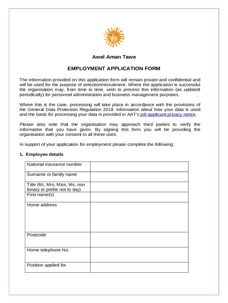 Awel Aman Tawe EMPLOYMENT APPLICATION Doc Template | pdfFiller