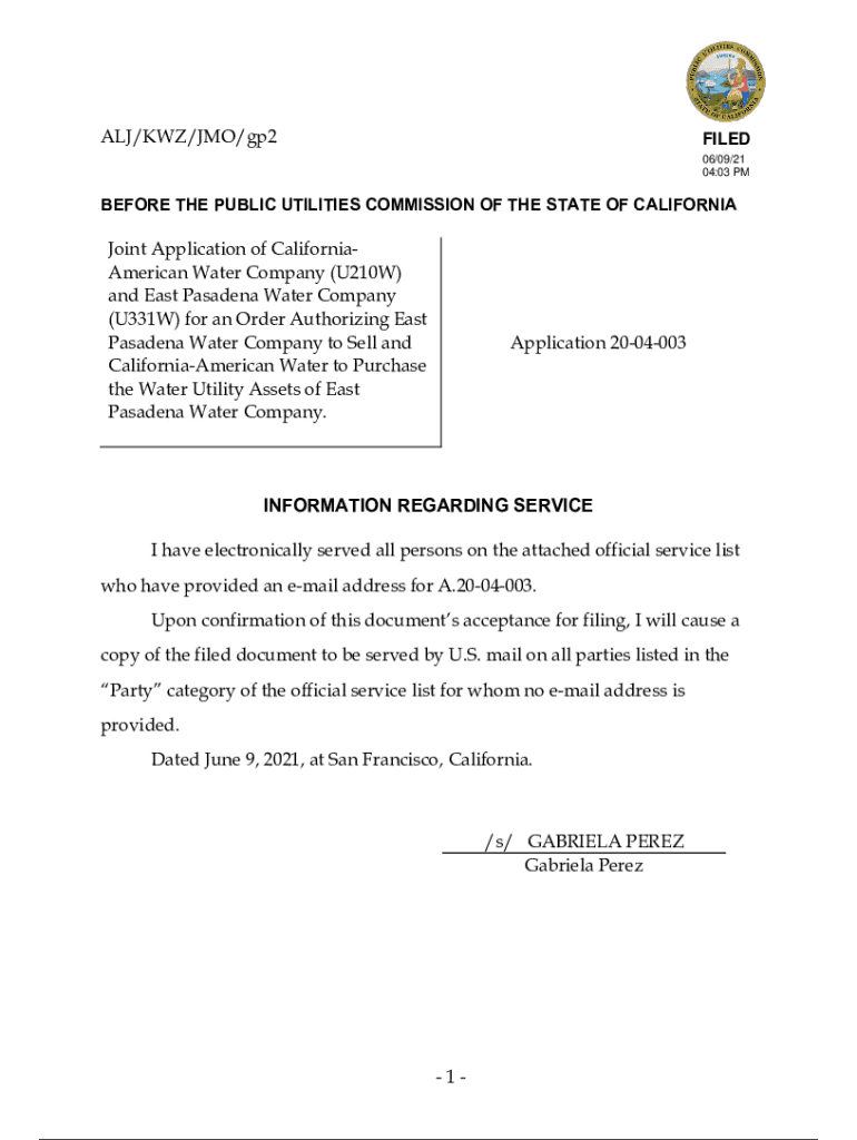 Fillable Online docs cpuc ca Joint Application for Order Authorizing ...