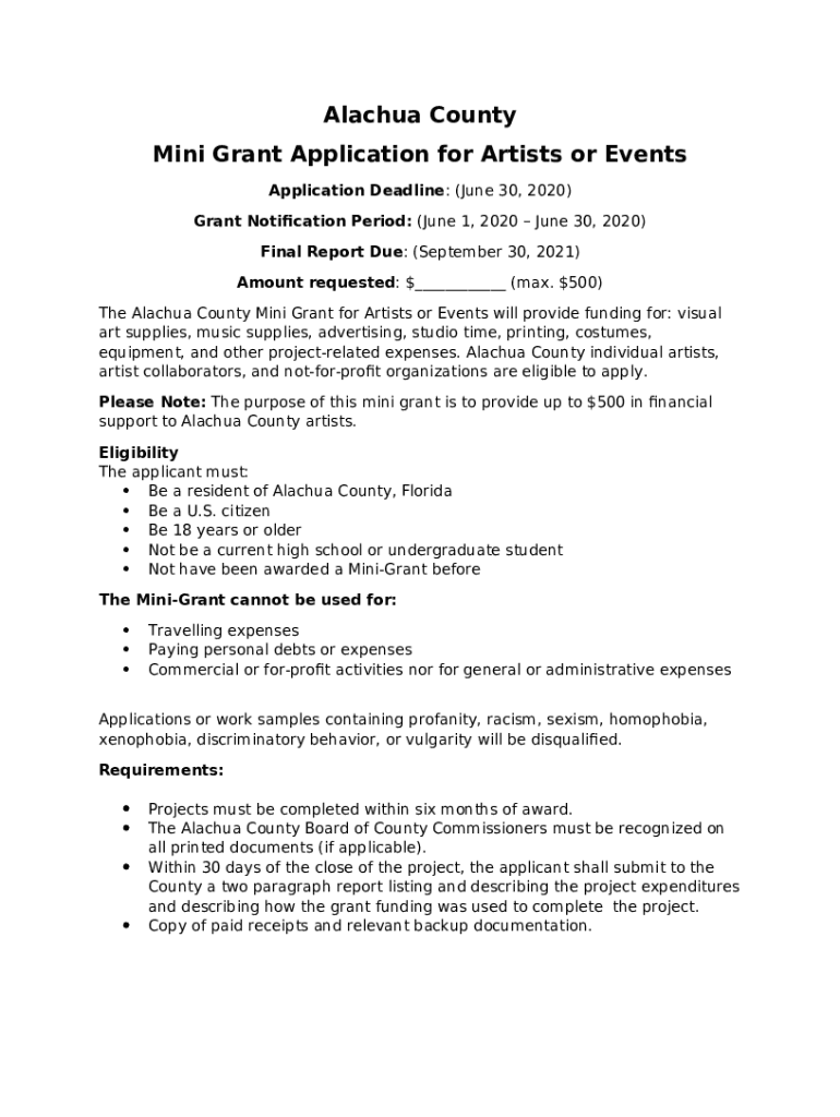 Alachua County Mini Grant Application for Artists or Events Doc Template | pdfFiller