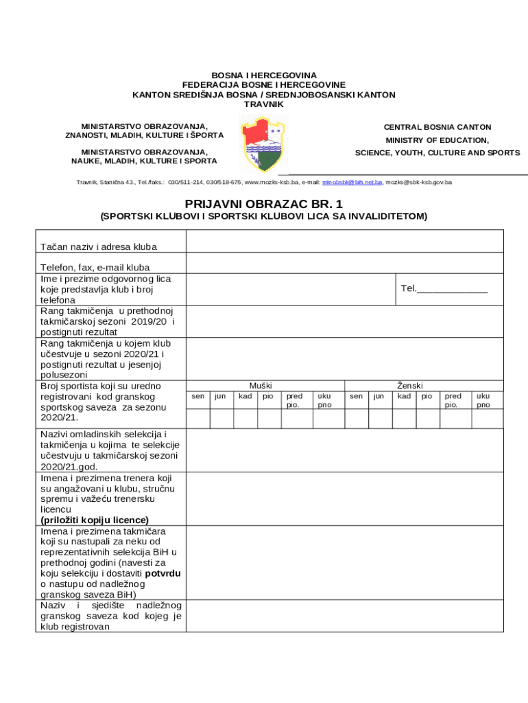prijavni obrazac br. 1 Doc Template | pdfFiller