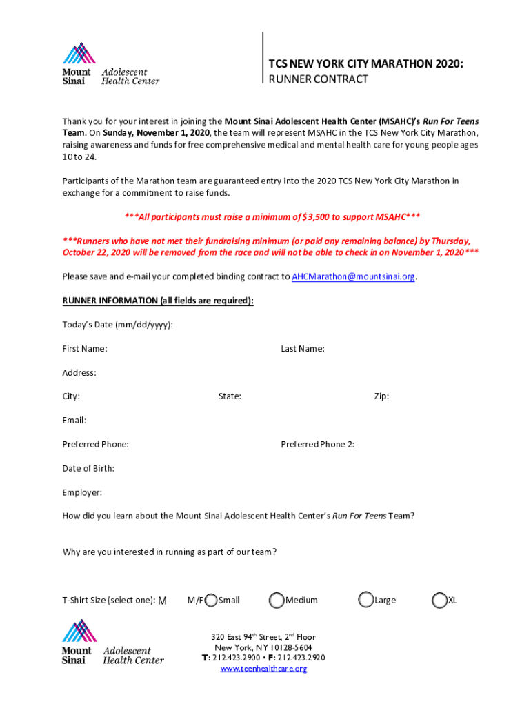 Fillable Online Run for Teens Team - Mount Sinai Adolescent Health ...
