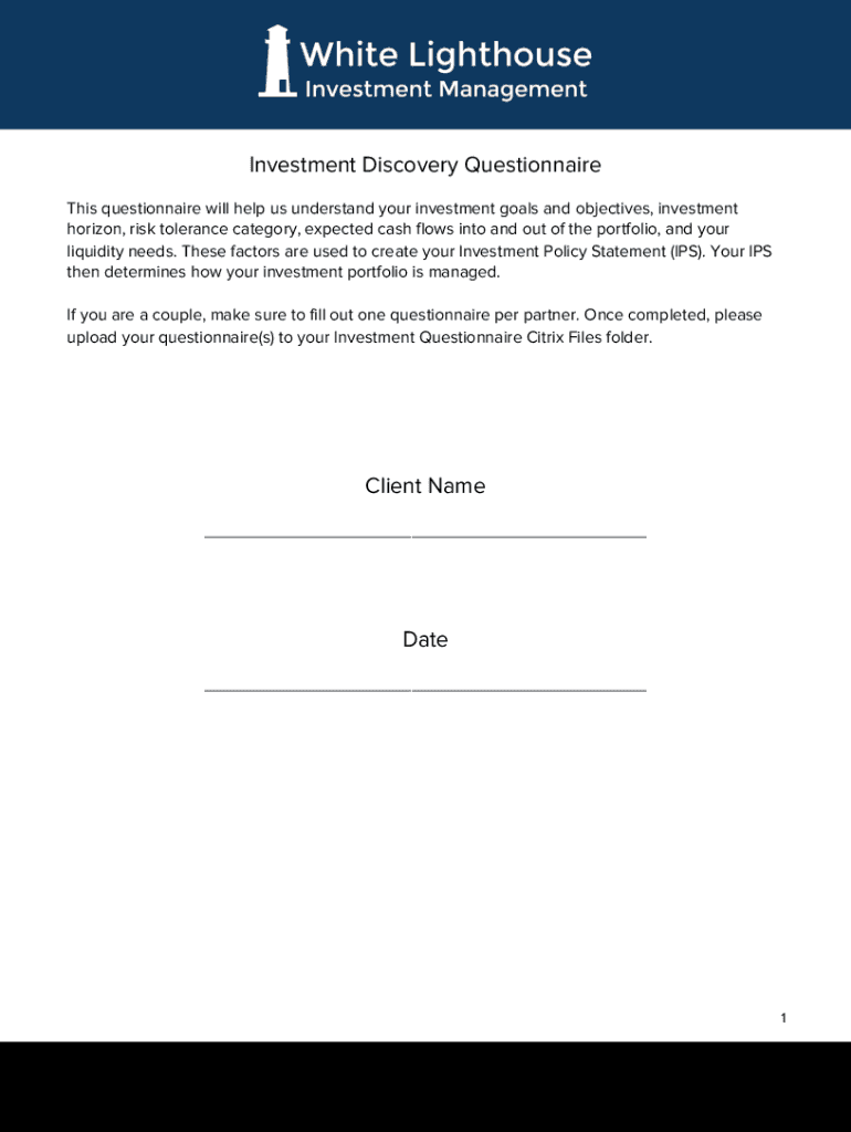 Fillable Online Investment Discovery Questionnaire Client Name Date Fax ...