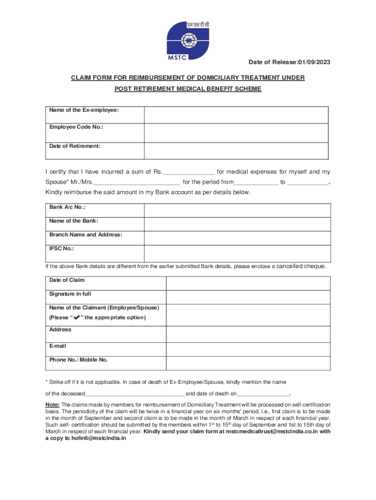 Fillable Online claim form for reimbursement of domiciliary treatment ...