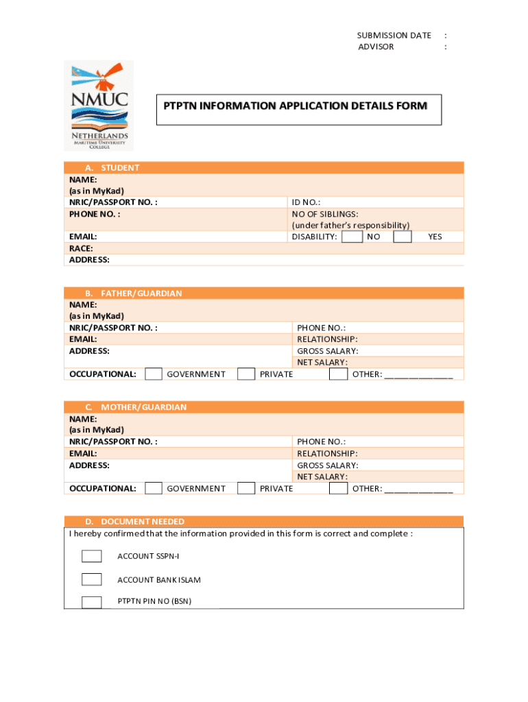 Fillable Online PTPTN INFORMATION APPLICATION DETAILS FORM Fax Email ...