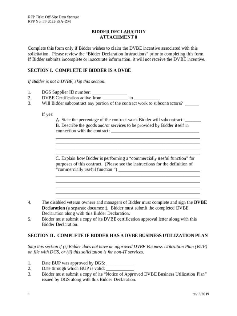 BIDDER DECLARATION Attachment 8 Complete this ... Doc Template | pdfFiller