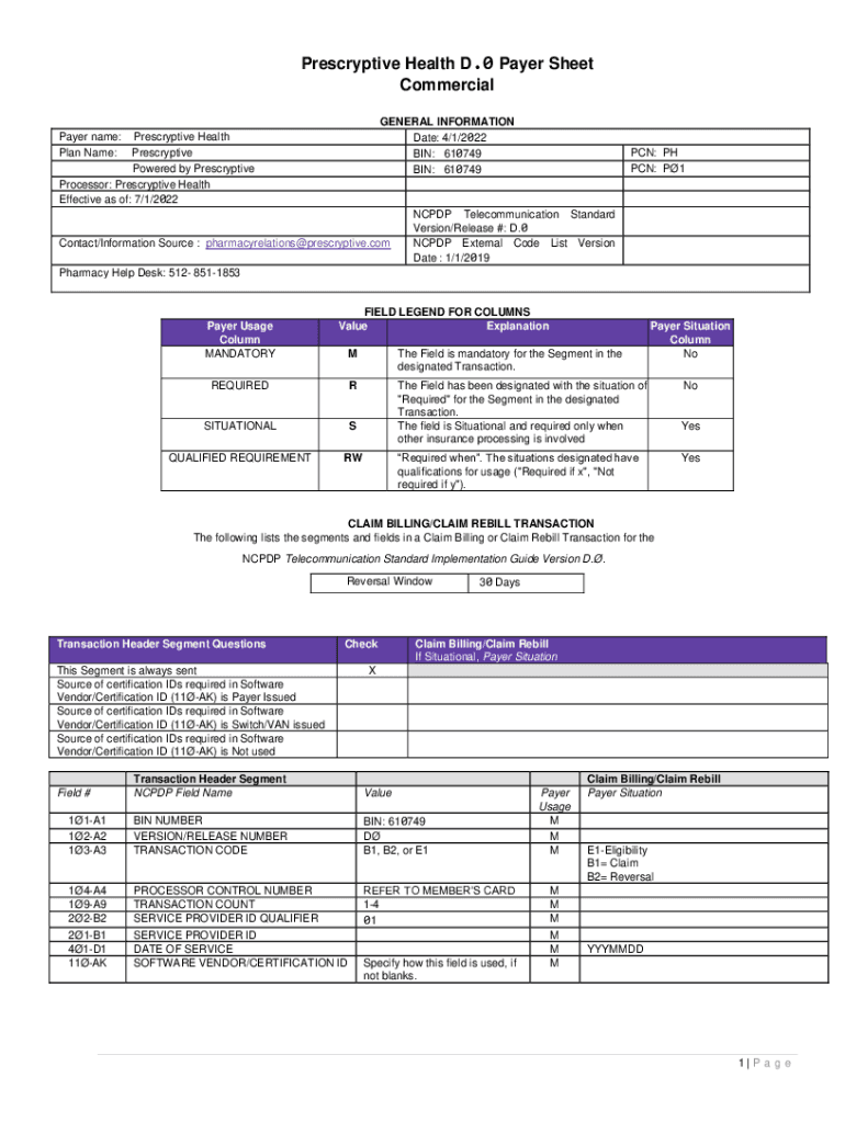 Fillable Online Fillable Online Prescryptive Health D.0 Payer Sheet ...