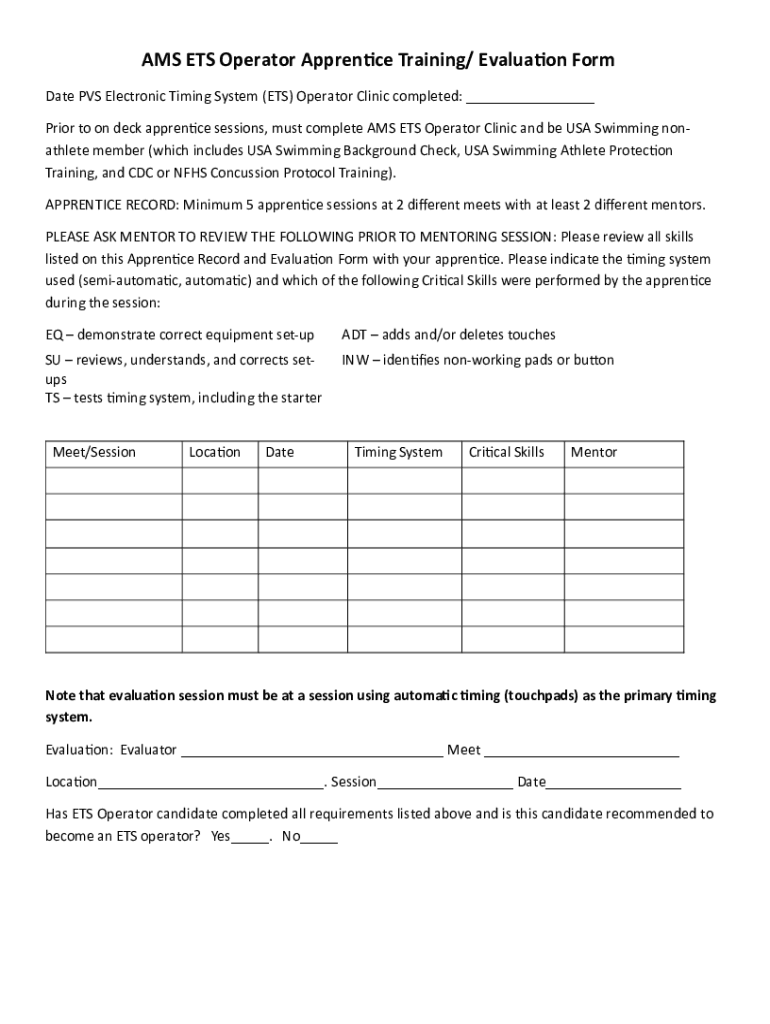 Fillable Online AMS ETS Operator Appren ce Training/ Evalua on Form Fax ...
