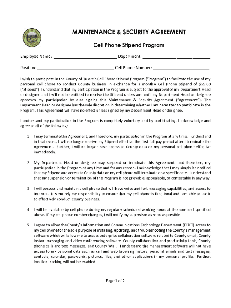 Fillable Online MAINTENANCE & SECURITY AGREEMENT - Cell Phone Stipend ...