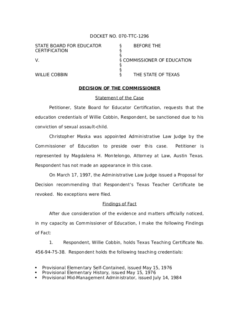 SBEC v. Cobbin. Decision Doc Template | pdfFiller