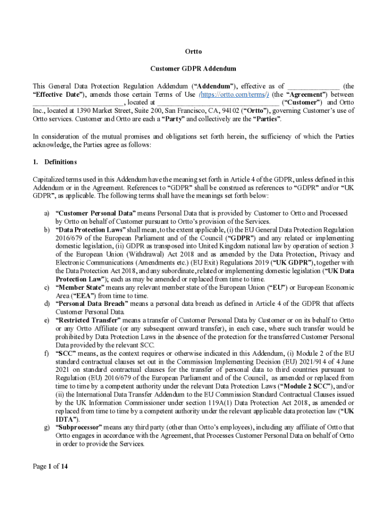 Fillable Online Page 1 of 14 Ortto Customer GDPR Addendum This ... Fax ...